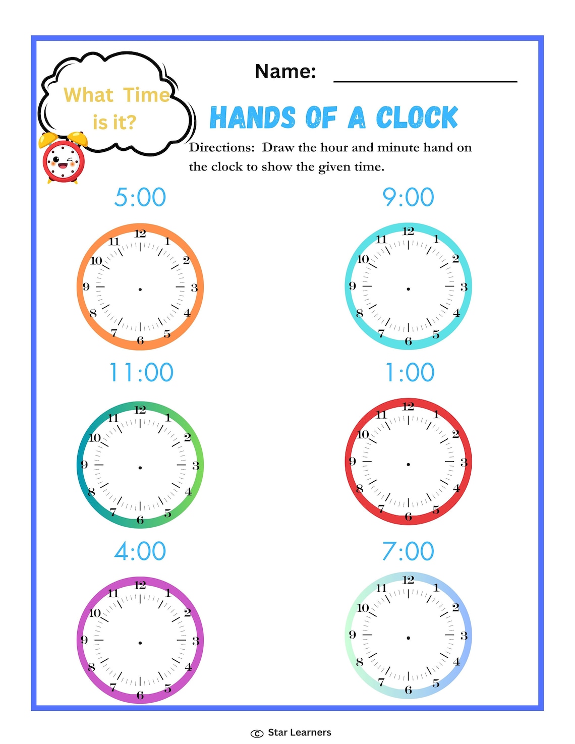 Learning to Tell Time, Printable Clock Worksheet, Analog Clock, Prek ...