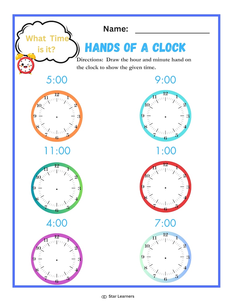 Learning to Tell Time, Printable Clock Worksheet, Analog Clock, Prek ...