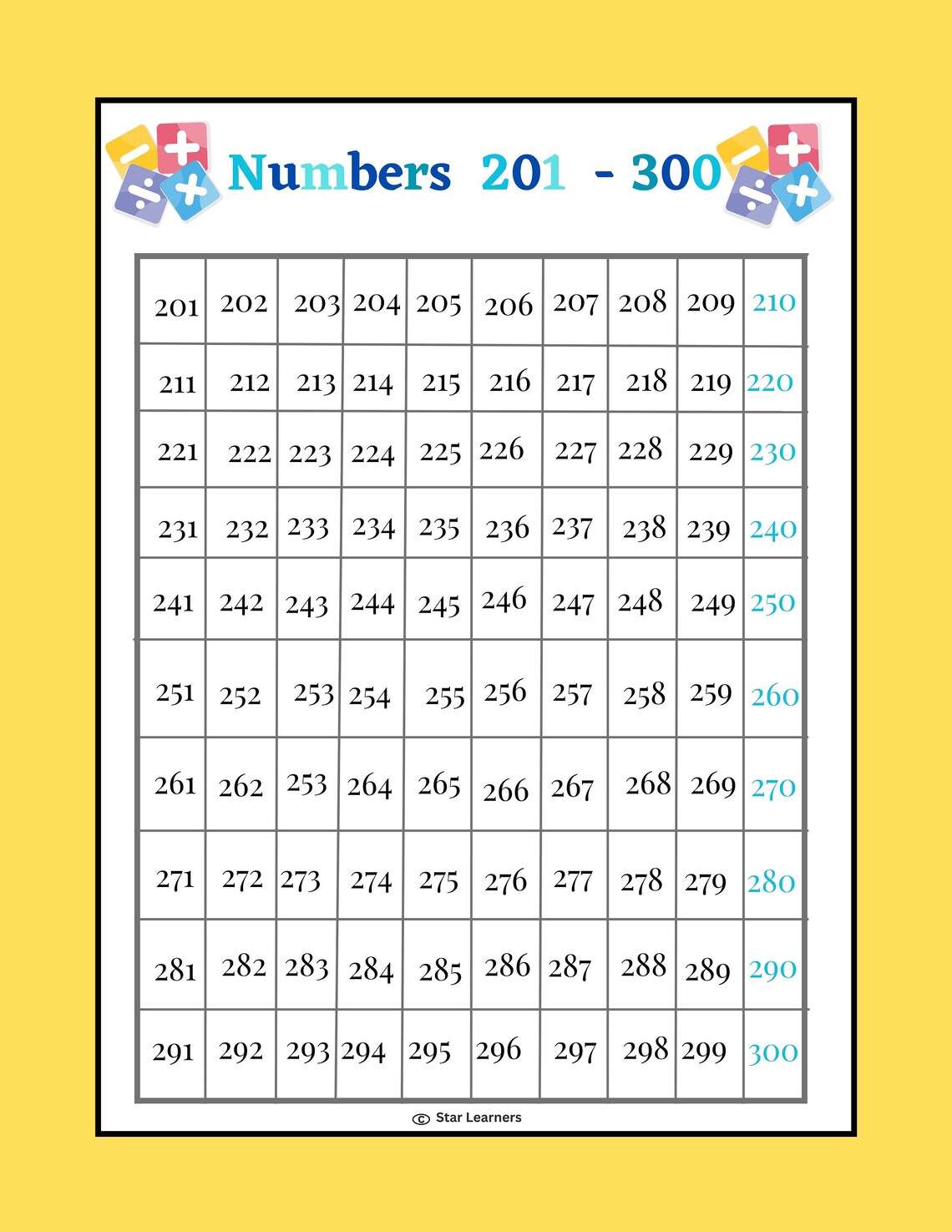 Printable Number Charts, Wall Charts, Work Mats and Worksheet ...