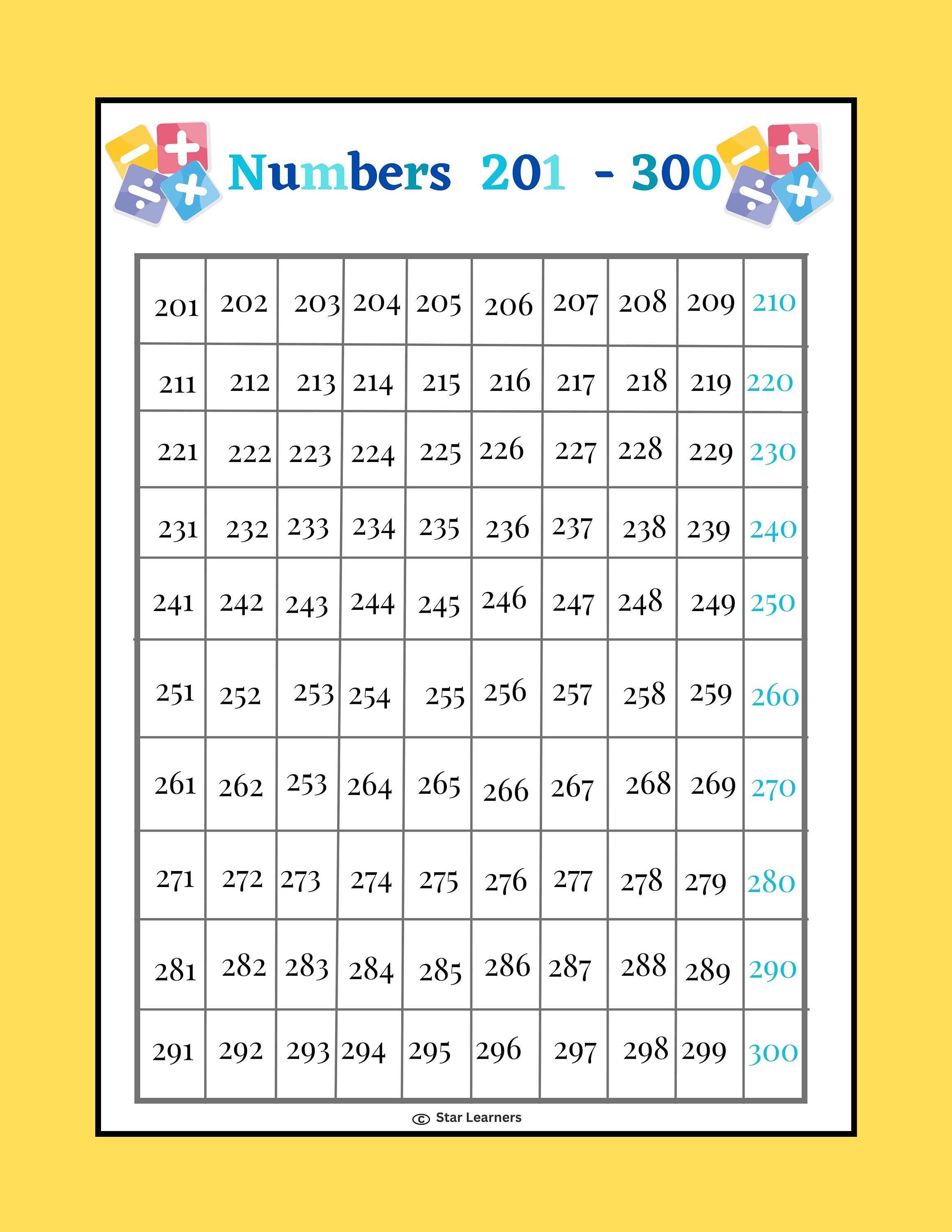 Printable Number Charts, Wall Charts, Work Mats and Worksheet ...