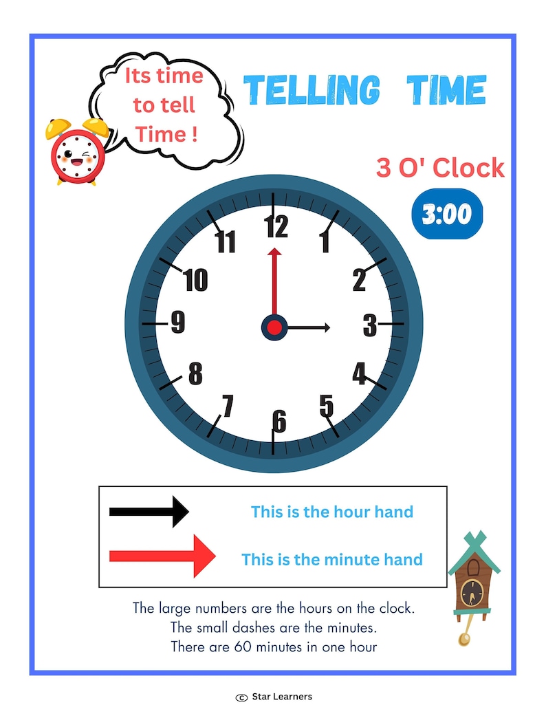 Learning to Tell Time, Printable Clock Worksheet, Analog Clock, Prek ...