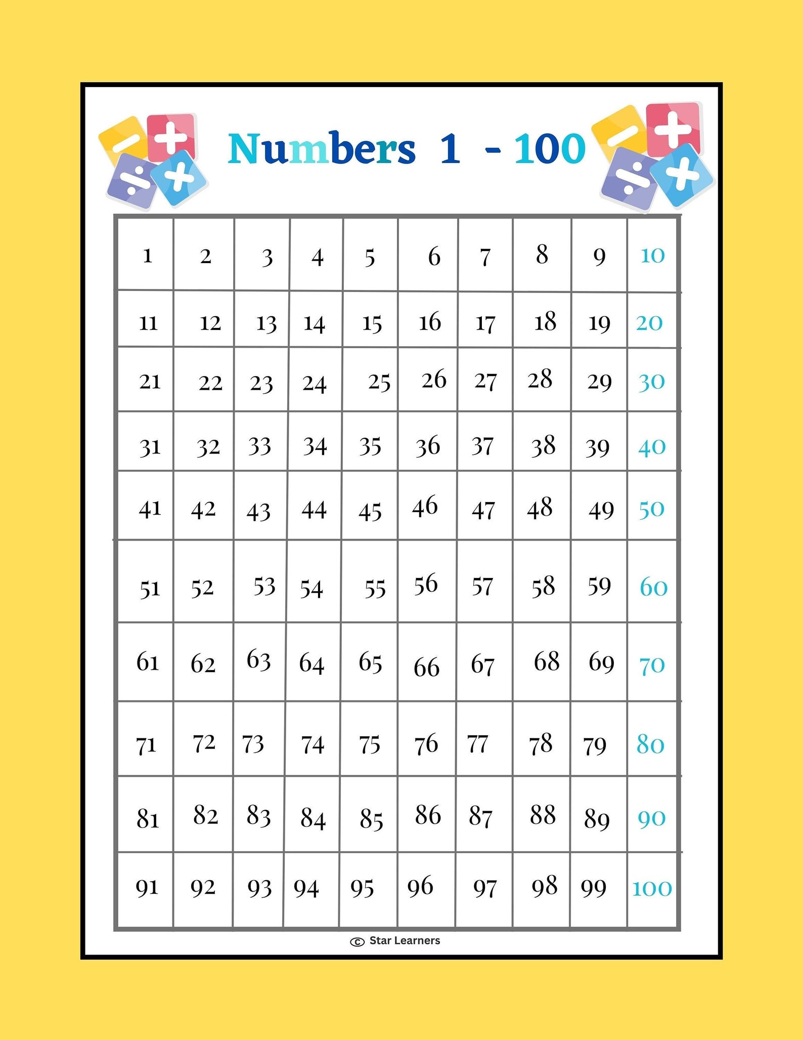 Printable Number Charts, Wall Charts, Work Mats and Worksheet ...