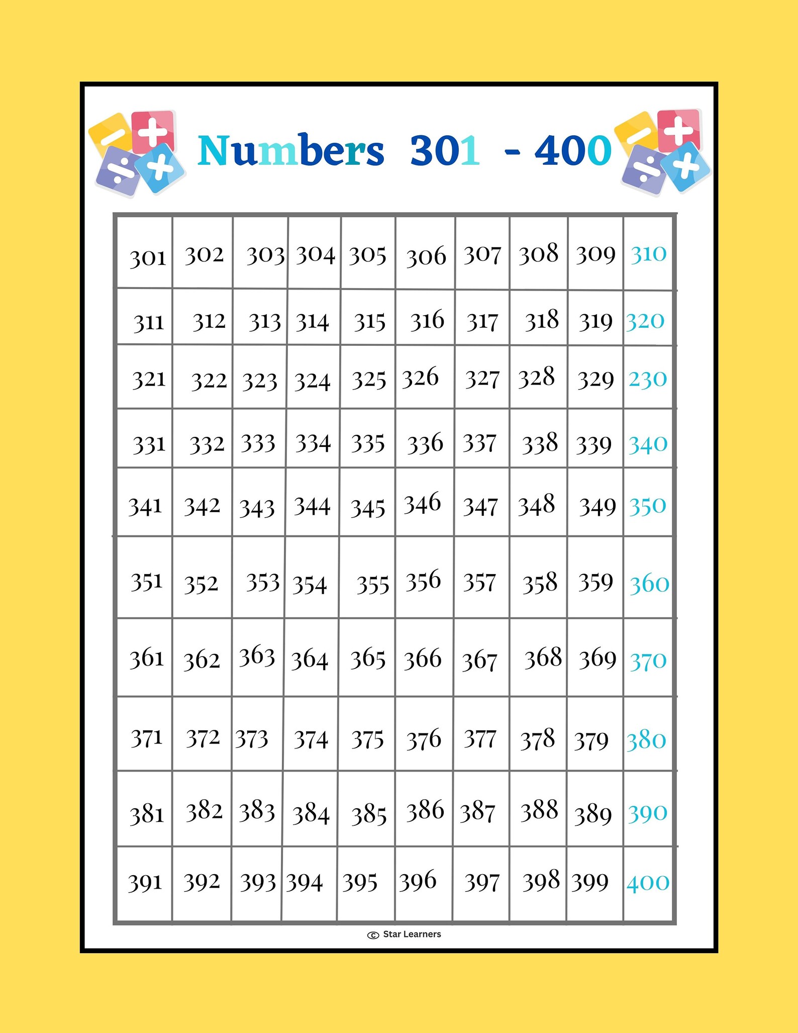 Printable Number Charts, Wall Charts, Work Mats and Worksheet ...