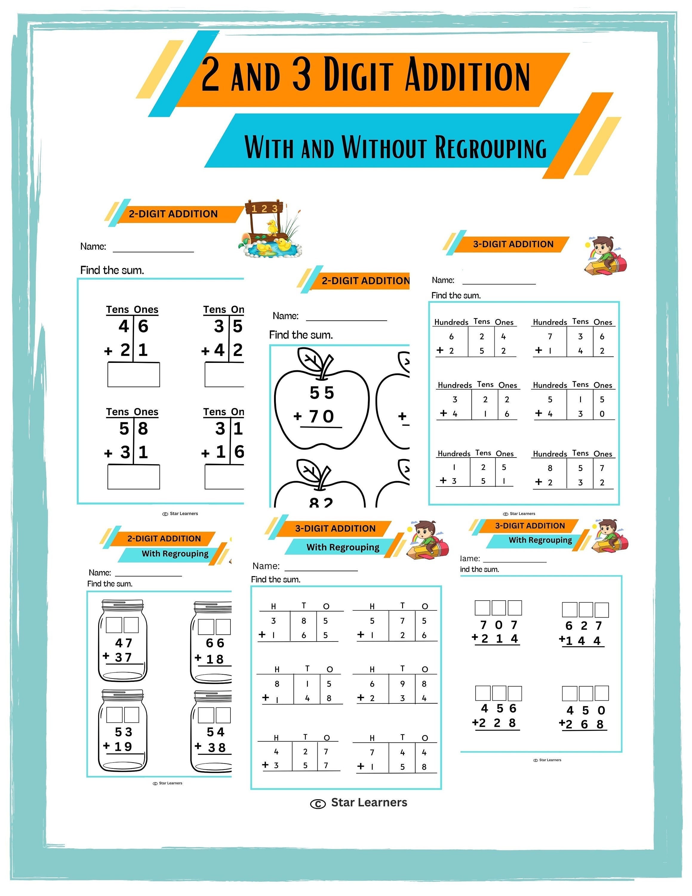 Three Digit Addition Without Regrouping Math Worksheets Horizontal