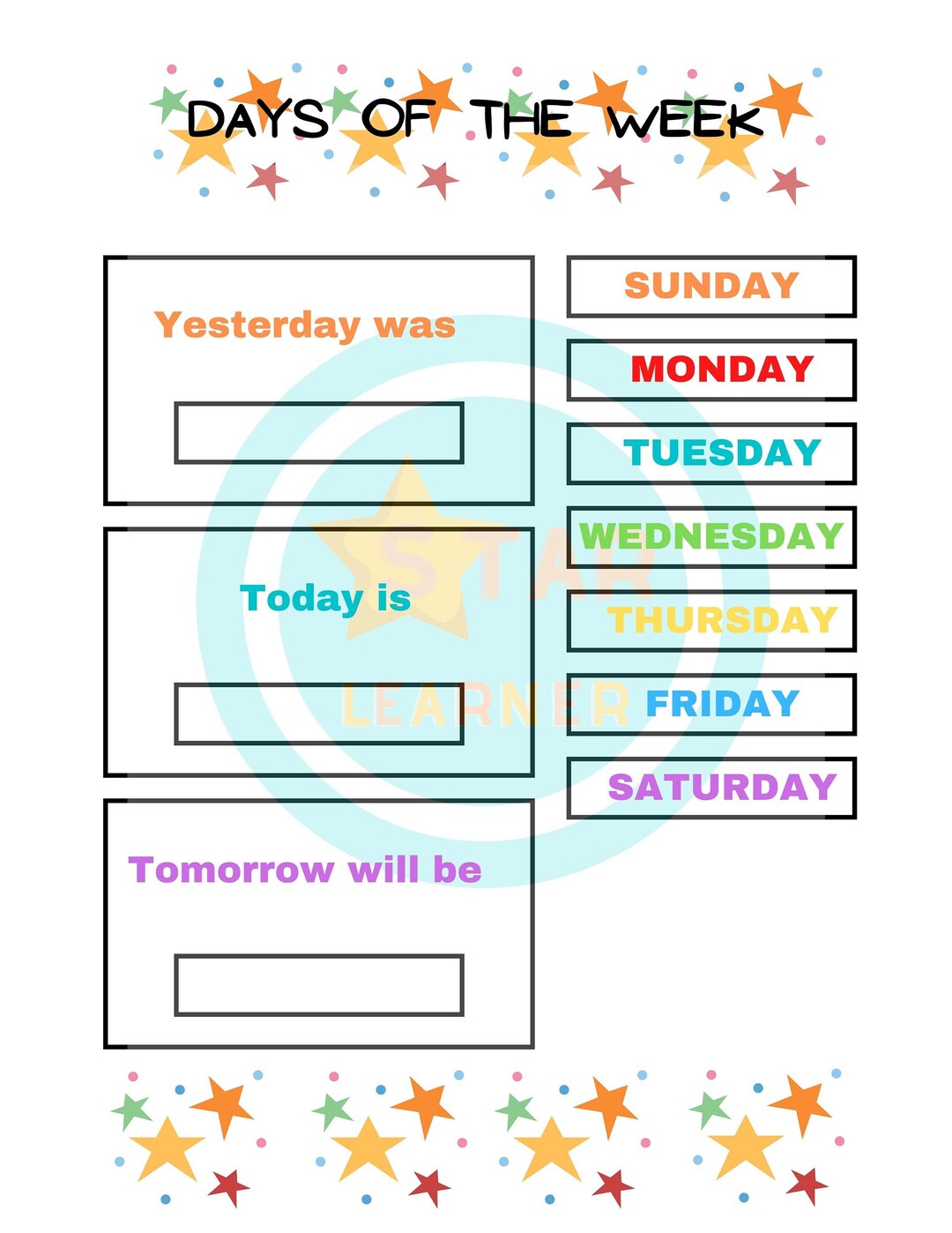 Day of the Week Poster and Worksheet Activities - Etsy