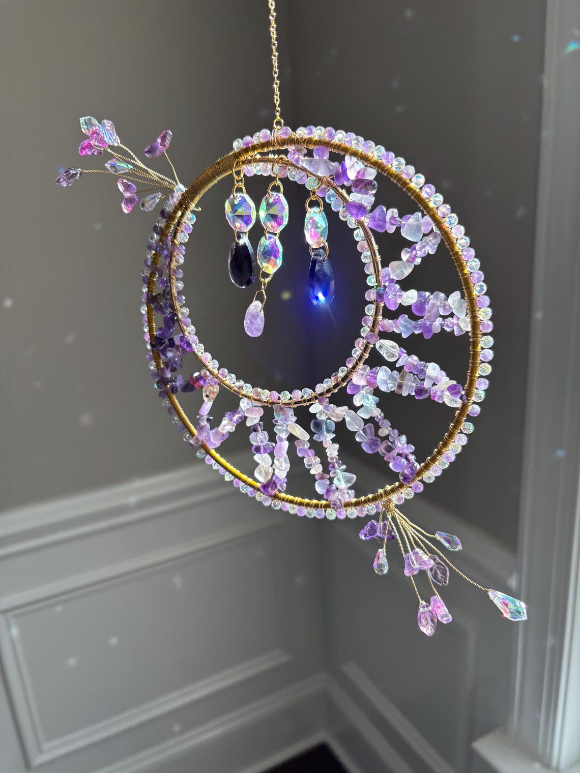 Amethyst Sun & Moon Suncatcher • Purple Crystal Mandala • Gold Hoop ...