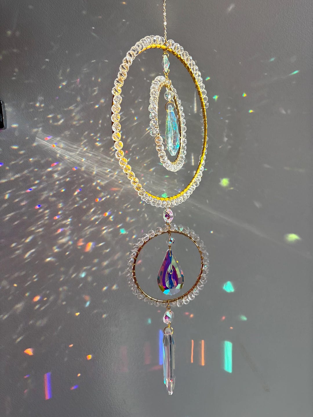 Clear Crystal Suncatcher • Gold Hoop Window Prism • Handmade Rainbow ...