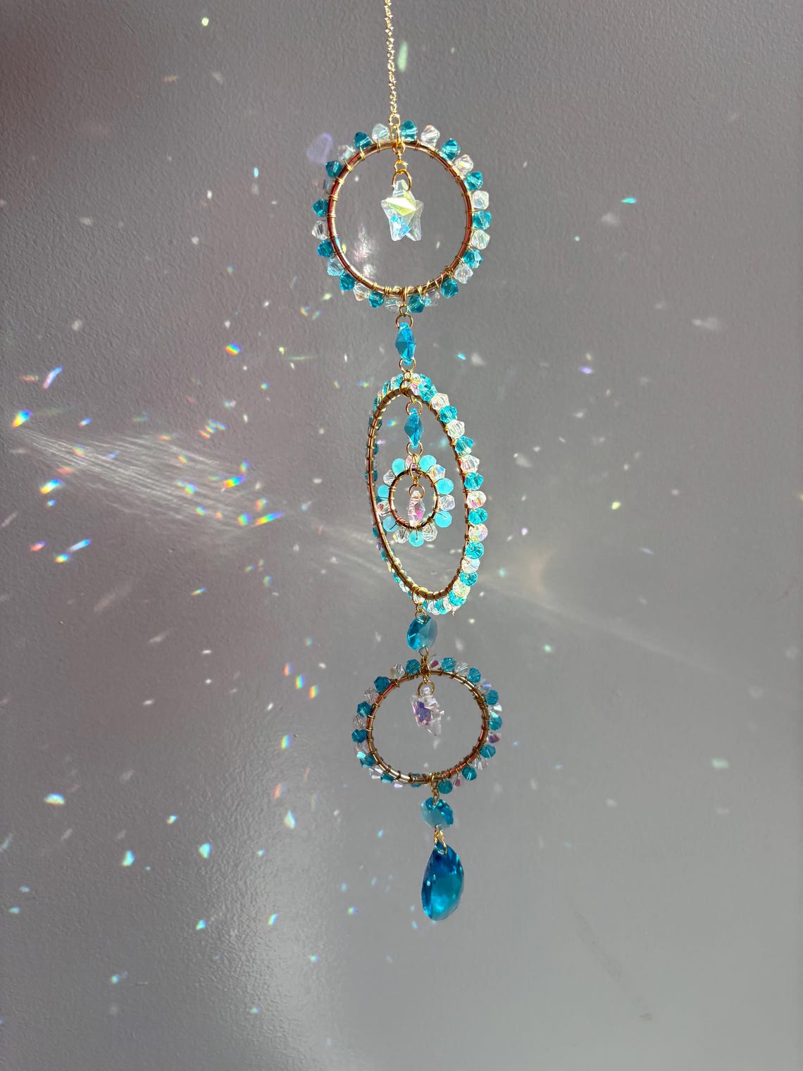 Blue Crystal Suncatcher • Triple Hoop Window Prism • Gold Wire & Aqua ...