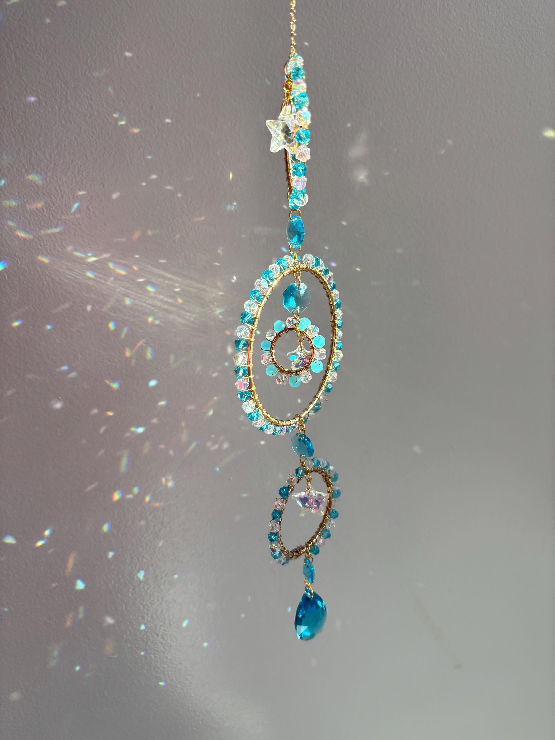 Blue Crystal Suncatcher • Triple Hoop Window Prism • Gold Wire & Aqua ...