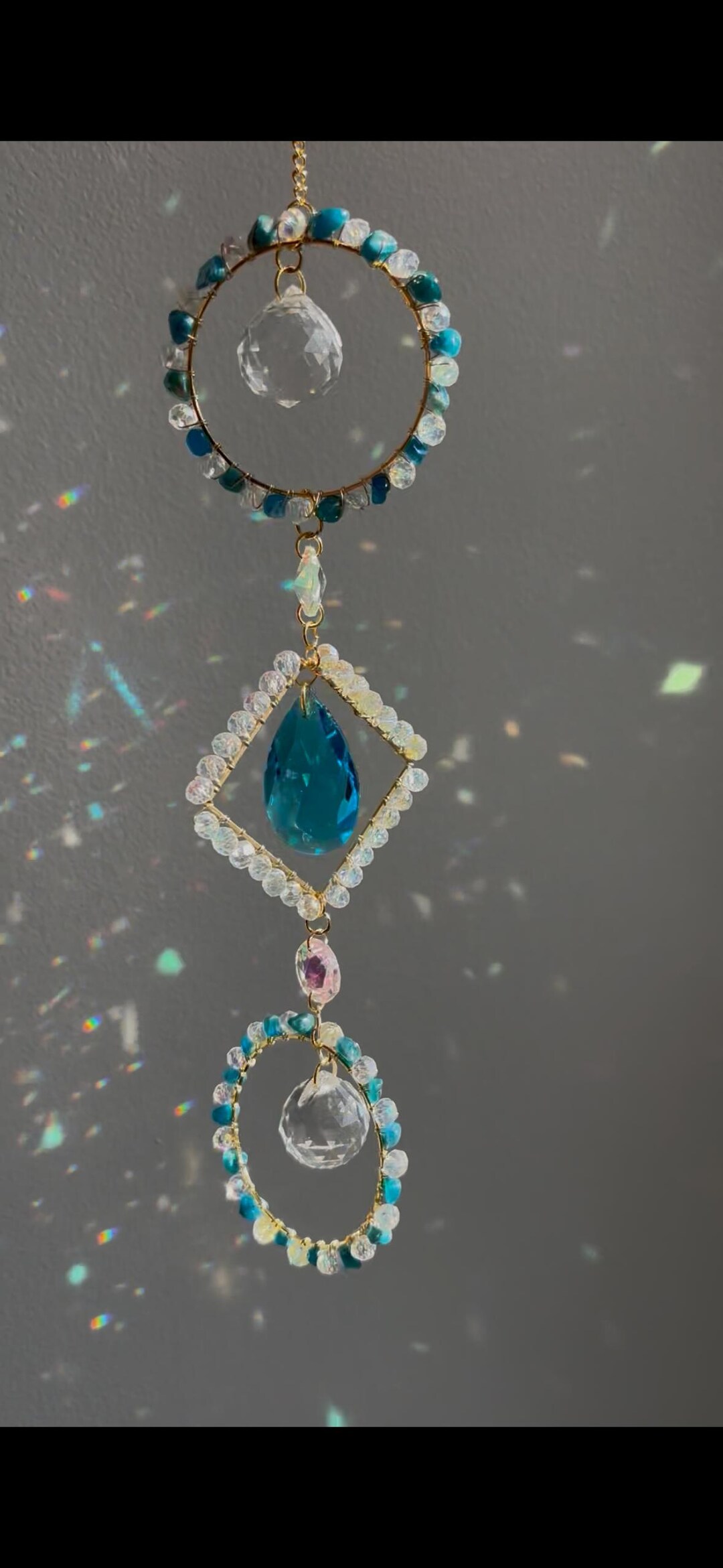 Teal Crystal Suncatcher • Gold Hoop Window Prism, Rainbow Maker - Etsy