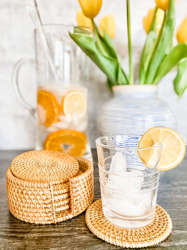 Handcrafted Natural Rattan Drink Coasters and Holder, Set of 6 - Etsy