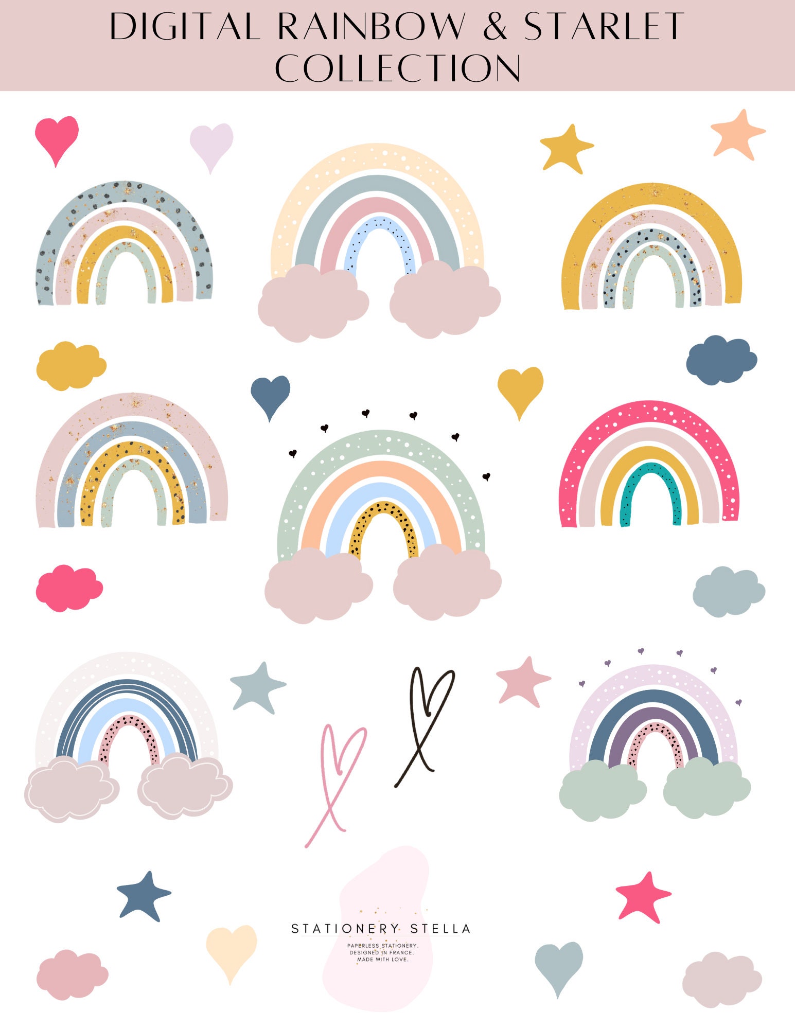 Rainbow Heart Cloud Stars Clip Art Set Pastel PNG Digital Stationery ...