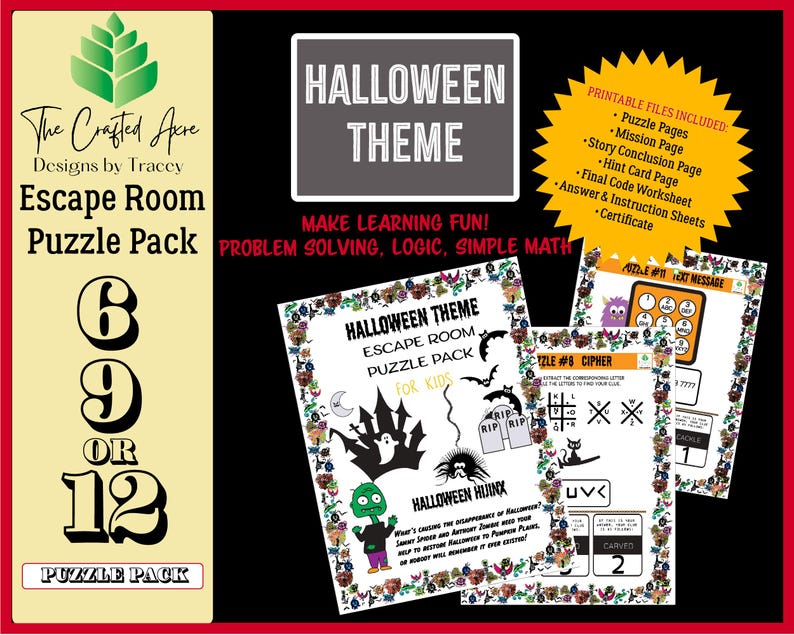 12 Puzzle Escape Room for Kids, Halloween Theme Escape Room Printable ...
