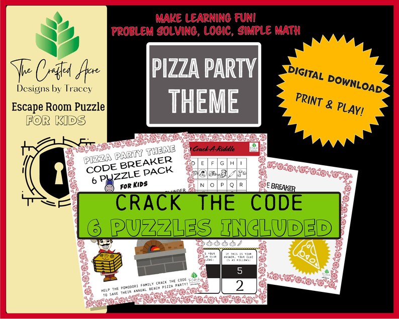 6 Puzzle Escape Room for Kids, Pizza Theme Escape Room Printable ...