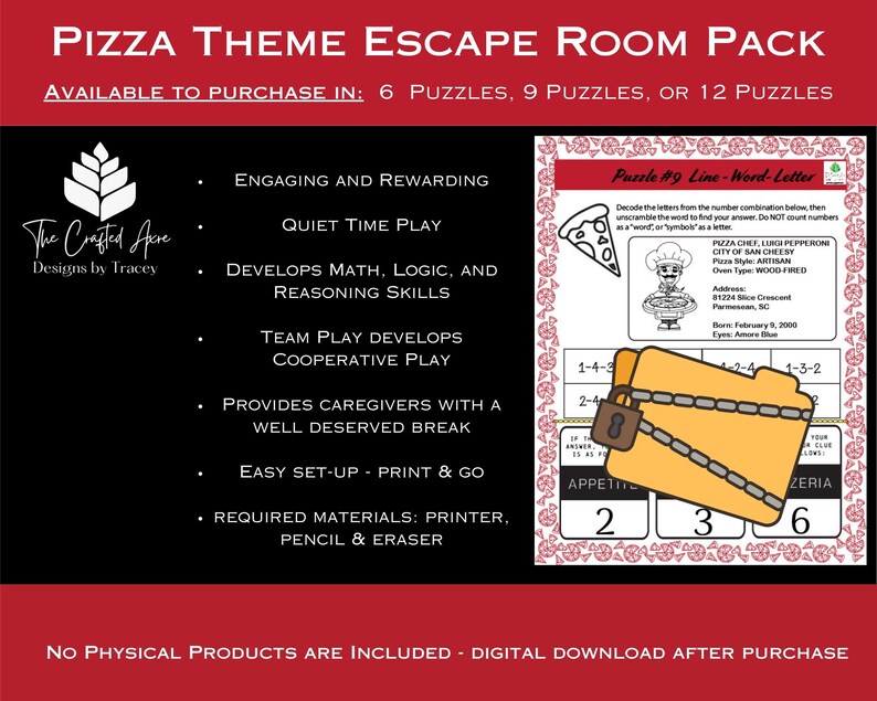 12 Puzzle Escape Room for Kids, Pizza Theme Escape Room Printable ...