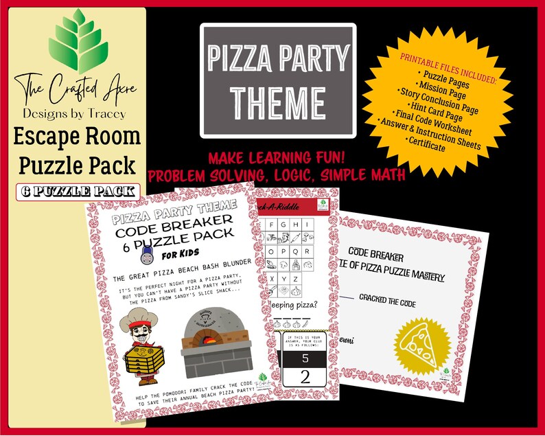 6 Puzzle Escape Room for Kids, Pizza Theme Escape Room Printable ...