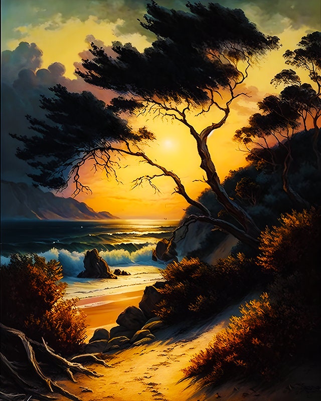 Printable Art "beach Sunset" Oil Painting Wall Art - Sundown Serenity ...