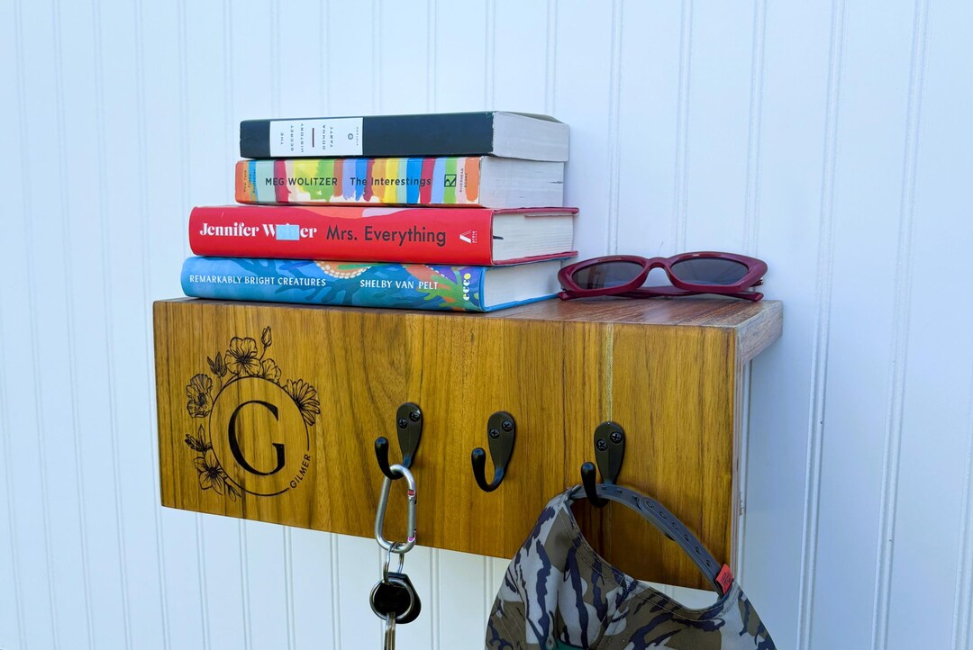 Customized Floating Shelf With Hooks for Keys and Coats - Personalized ...