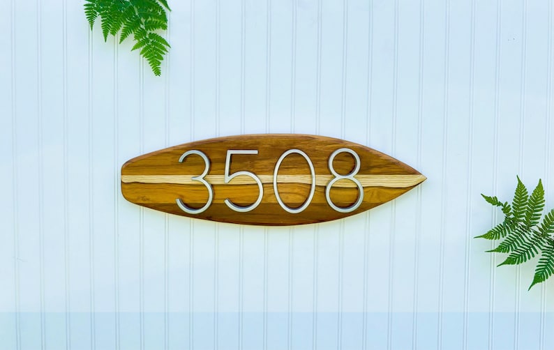 Custom Address Sign | Modern House Numbers on Surfboard | Coastal Beach ...
