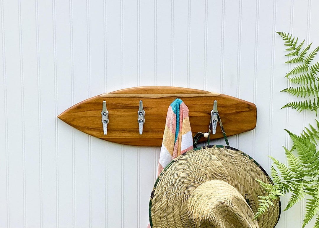 Surfboard Towel Rack With Hooks | Handmade Coastal Decor | Driftwood ...
