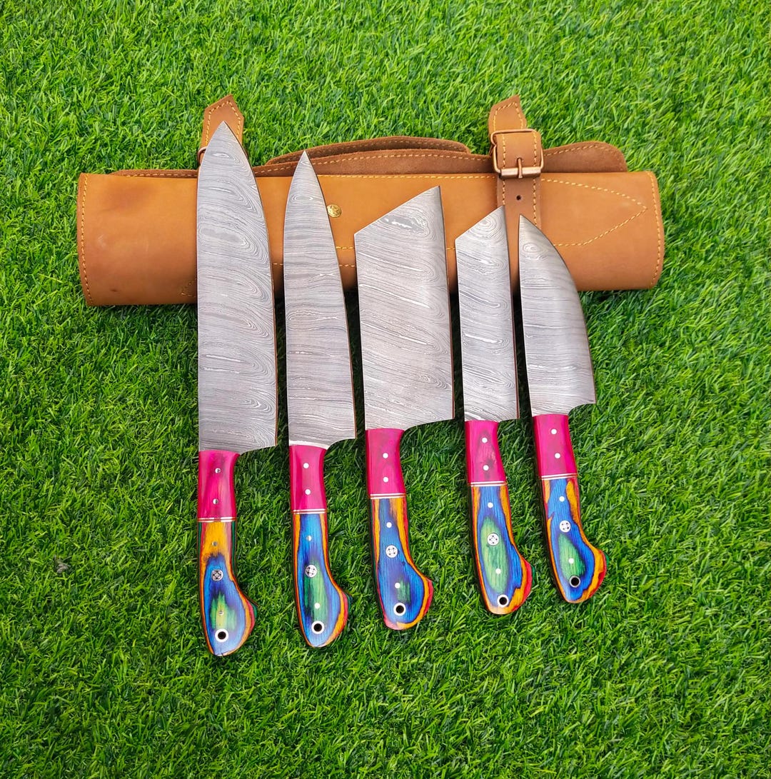 5 PCS Handmade Beautiful Knife Set With Multi Colorful Wood Handle ...