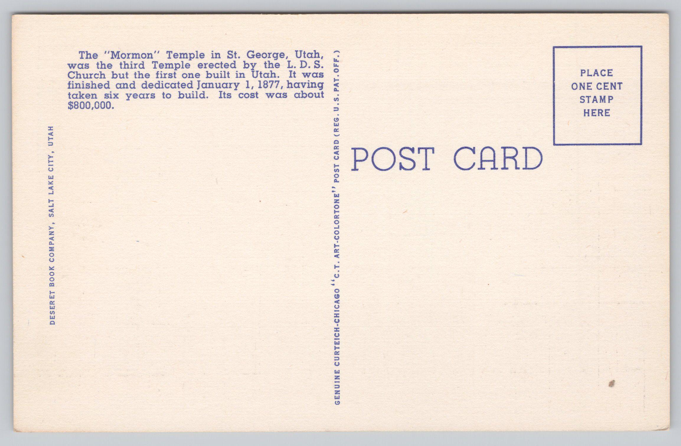 Vintage Postcard, Mormon Temple Exterior View, St. George Utah, Church ...