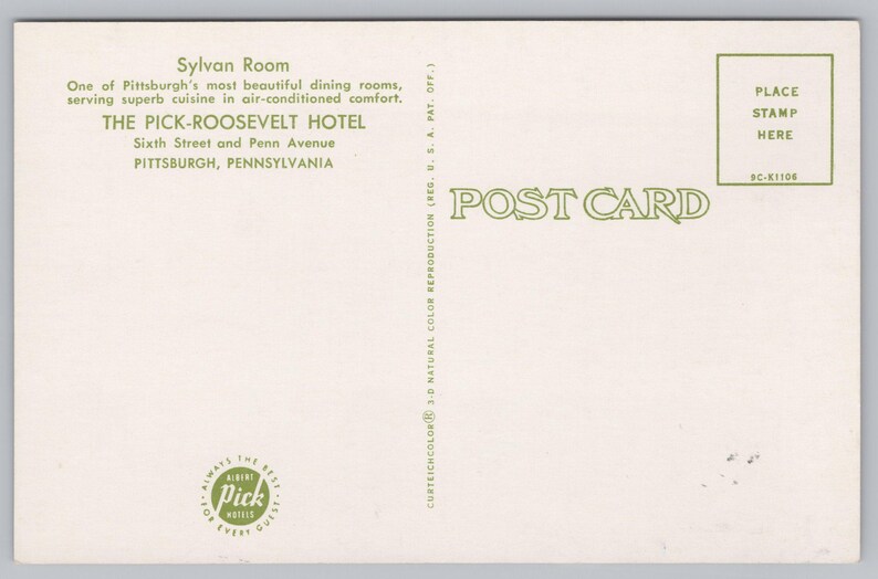 Vintage Postcard, the Pick Roosevelt Hotel Interior, Sylvan Room ...