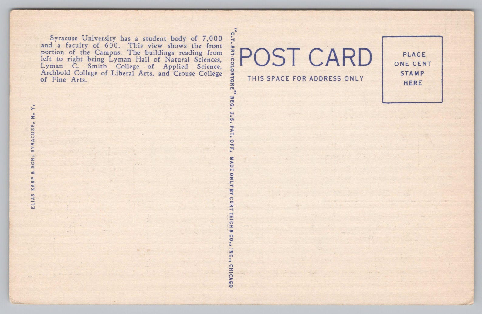 Vintage Postcard, Syracuse University Campus, Syracuse New York, C1940s ...
