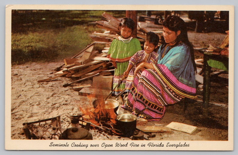 Vintage Postcard, Seminole Indians Cooking Over Open Pit Fire, Florida ...