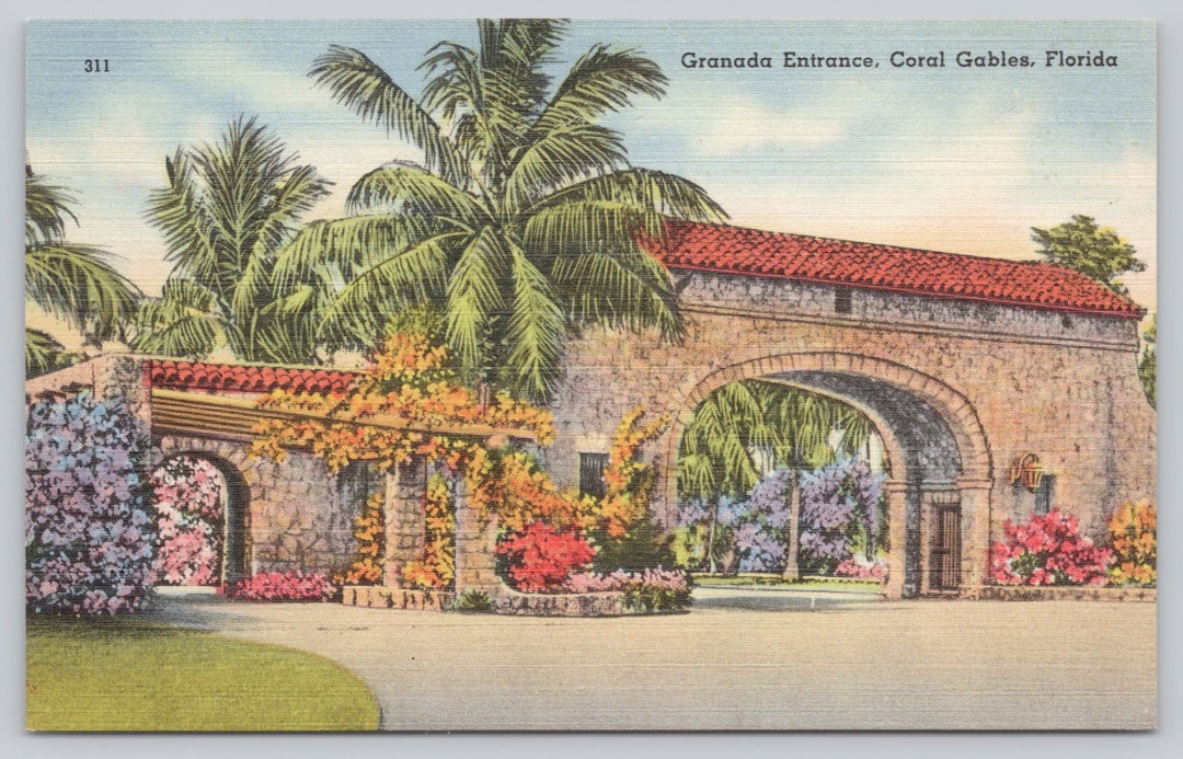 Vintage Postcard, Granada Entrance to Residential Coral Gables Florida ...