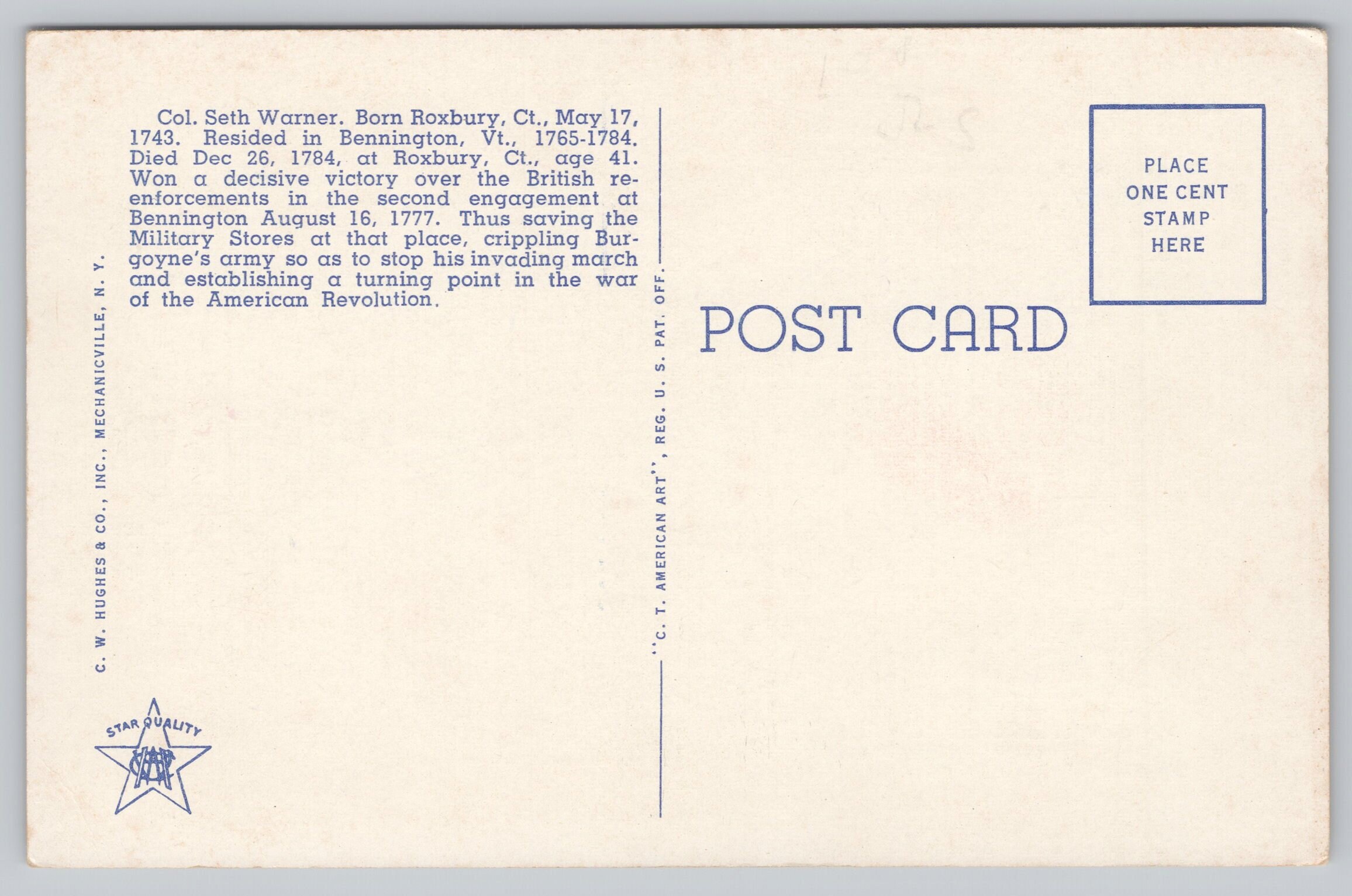 Vintage Postcard, Colonel Seth Warner Monument, Old Bennington Vermont ...