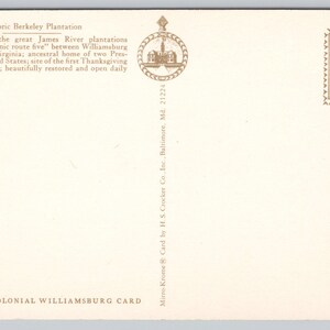 Vintage Postcard, Historic Berkeley Plantation, Colonial Williamsburg ...