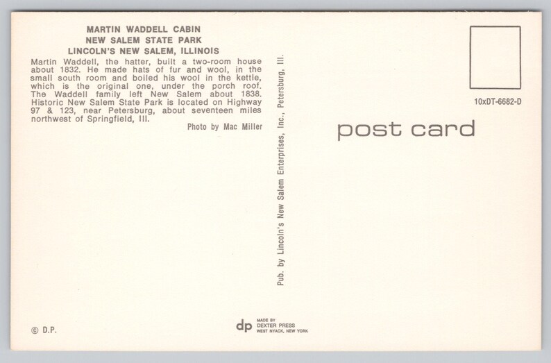 Vintage Postcard, Martin Waddell Cabin, New Salem State Park, Lincoln's ...