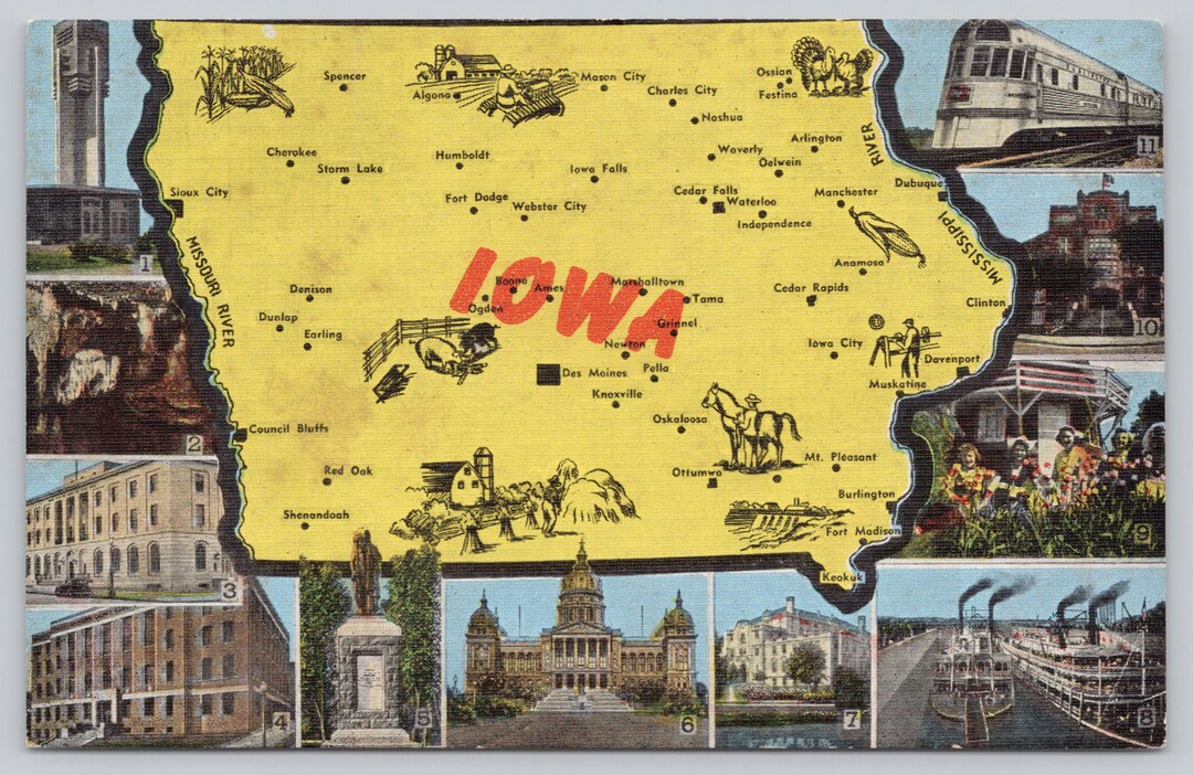 Vintage Postcard, Iowa State Map Multi View Postcard, Sioux City ...