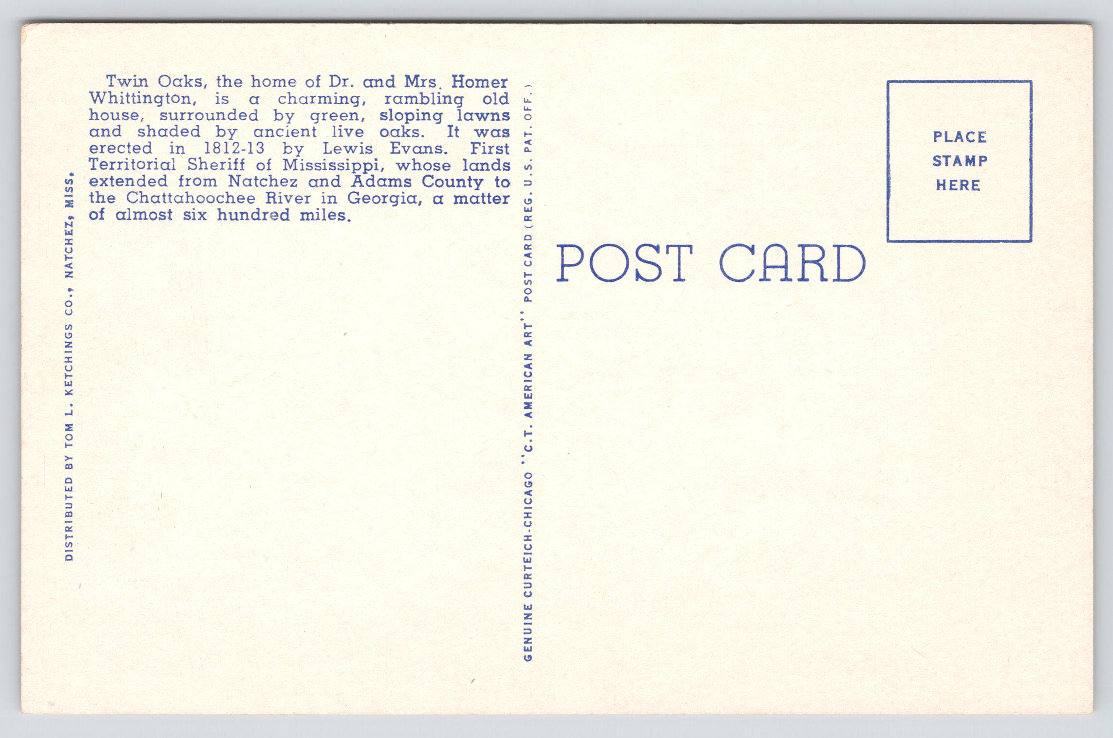 Vintage Postcard, "twin Oaks" Home of Dr. & Mrs. Homer Whittington ...