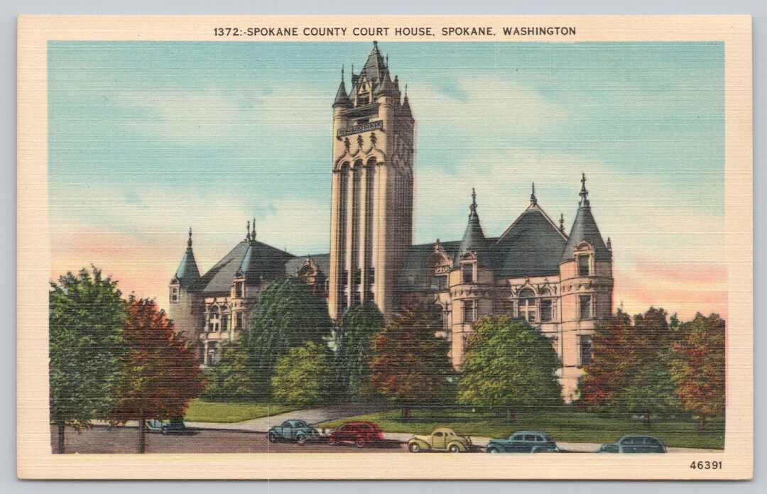 Vintage Postcard, Spokane County Court House, Street View With Old Cars ...