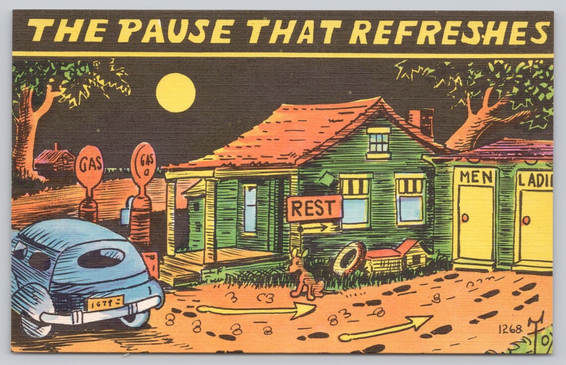 Vintage Comic Postcard, the Pause That Refreshes, Highway Rest Stop ...