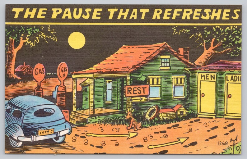 Vintage Comic Postcard, the Pause That Refreshes, Highway Rest Stop ...