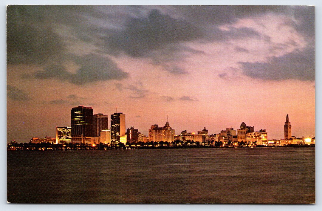 Vintage Postcard, Sunset Over Miami Skyline & Biscayne Bay, Miami ...