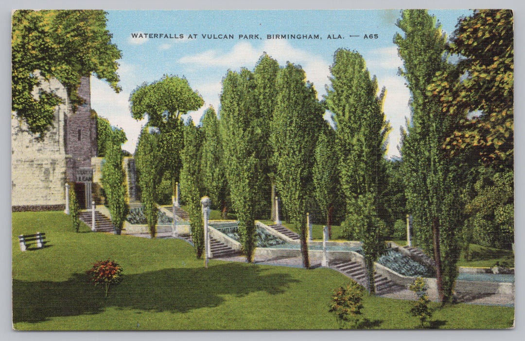 Vintage Postcard, Waterfalls at Vulcan Park, Birmingham Alabama, C1940s ...
