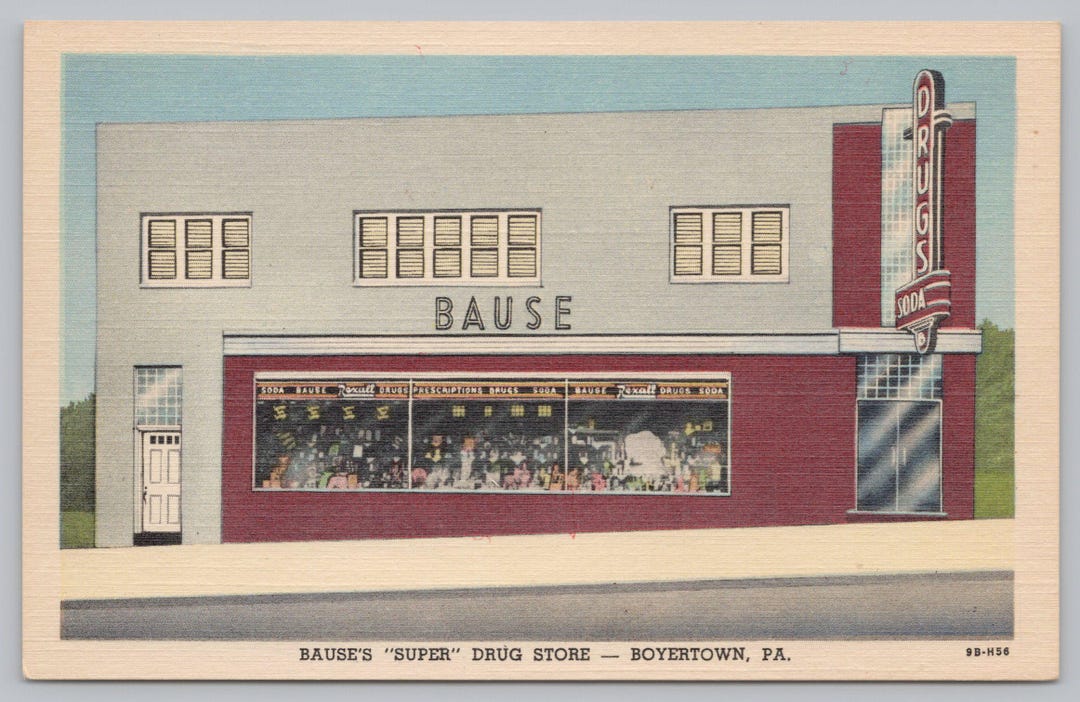 Vintage Postcard, Bause's Super Drug Store, Boyertown Pennsylvania ...