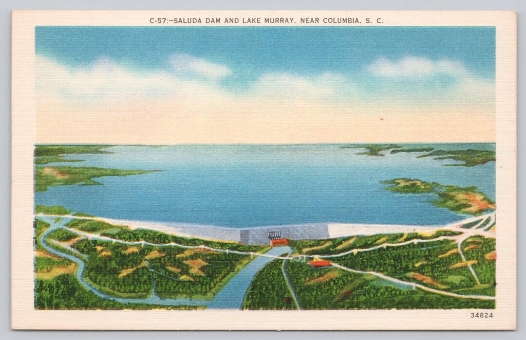 Vintage Postcard, Aerial View of Saluda Dam & Lake Murray Near Columbia ...