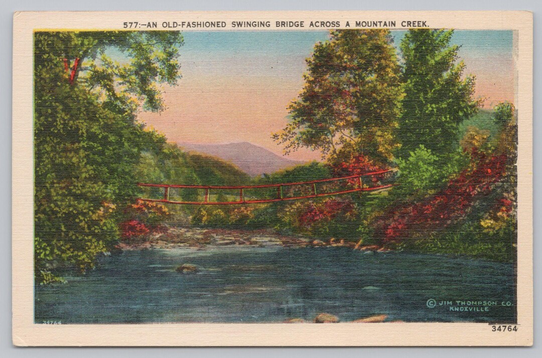 Vintage Postcard, an Old-fashioned Swinging Bridge Across a Mountain ...