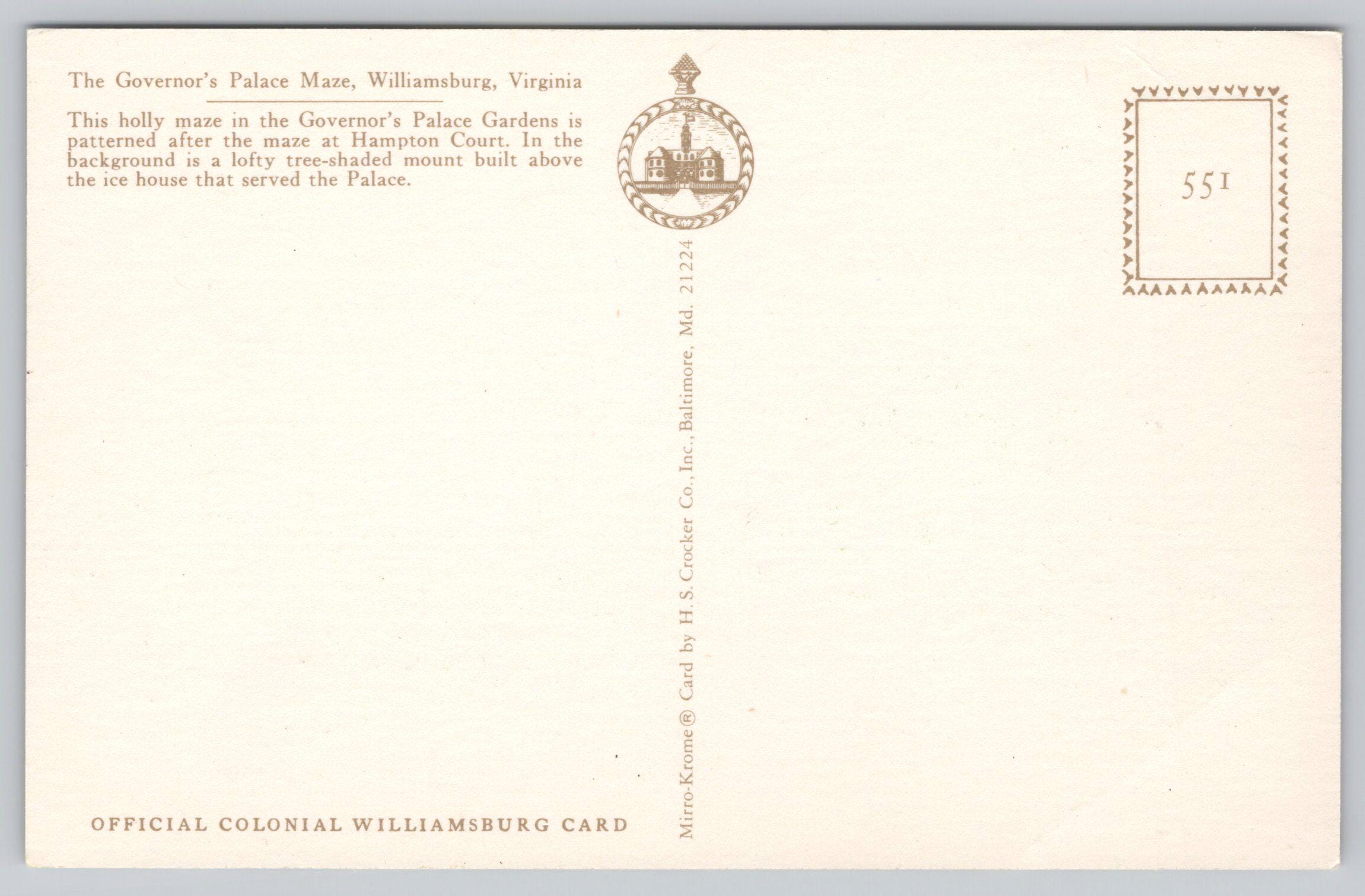 Vintage Postcard, the Governor's Palace Maze, Colonial Williamsburg ...