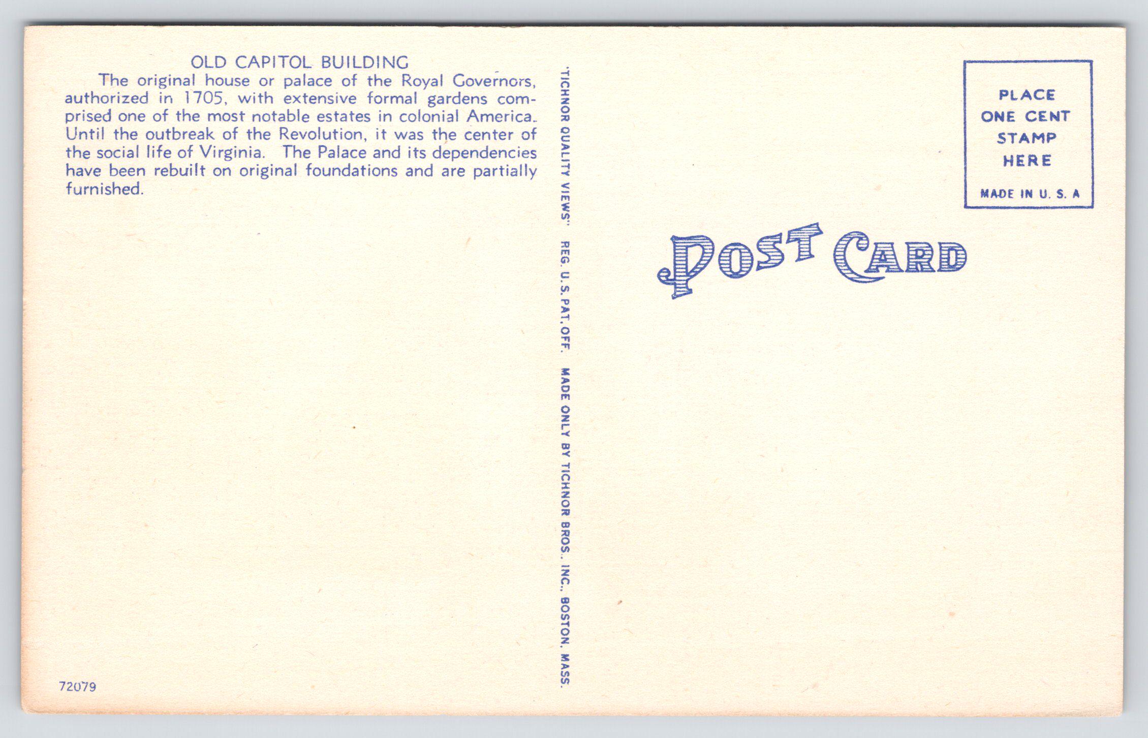 Vintage Postcard, Old Capitol Building & Colonial Coach, Williamsburg ...