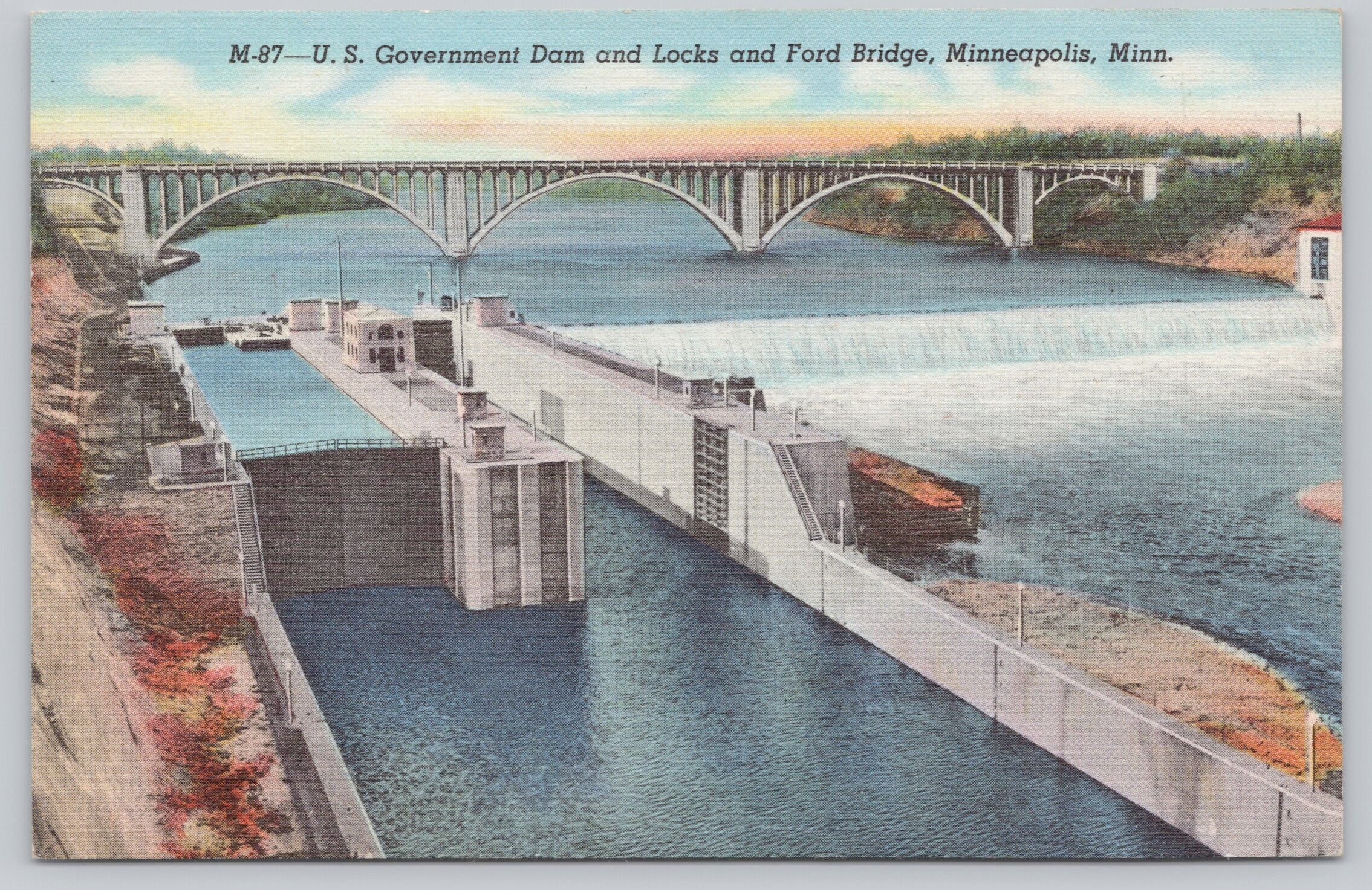 Vintage Postcard, U.S. Government Dam and Locks and Ford Bridge Over ...