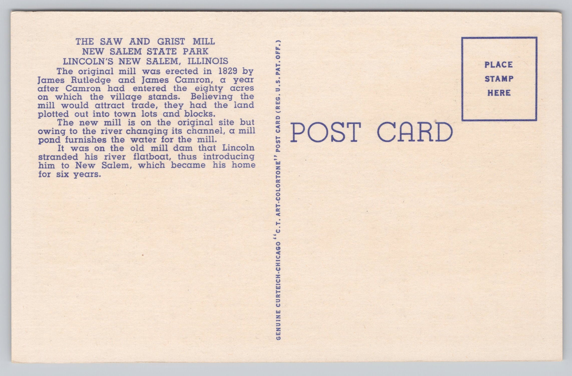 Vintage Postcard, the Saw and Grist Mill, New Salem State Park, Lincoln ...