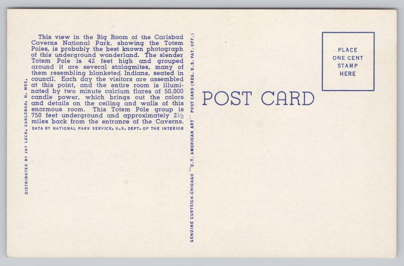 Vintage Postcard, Totem Poles, Big Room, Carlsbad Caverns National Park ...