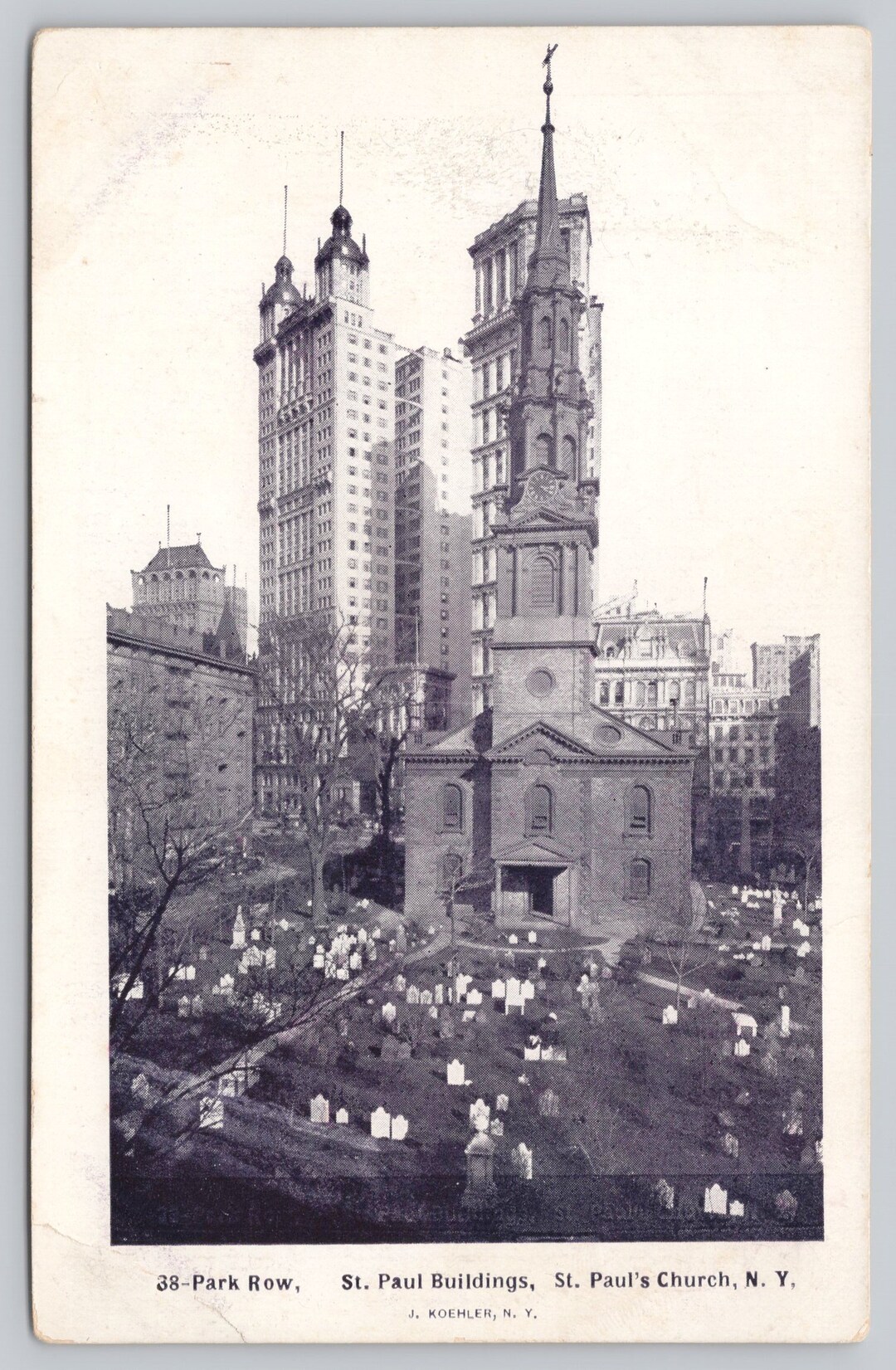 Vintage Postcard, Park Row, St. Paul Buildings, St. Paul's Church, New ...