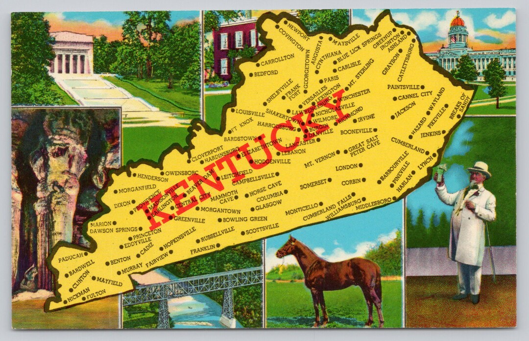 Vintage Postcard, Kentucky State Map Multi View Postcard, the Blue ...